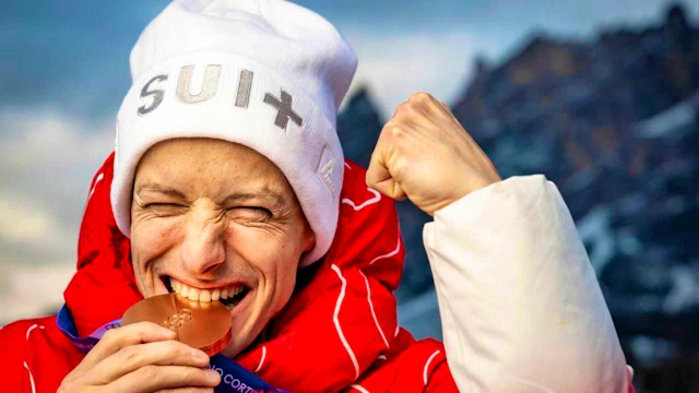 Ski jumper Gregor Deschwanden celebrates at the Swiss House