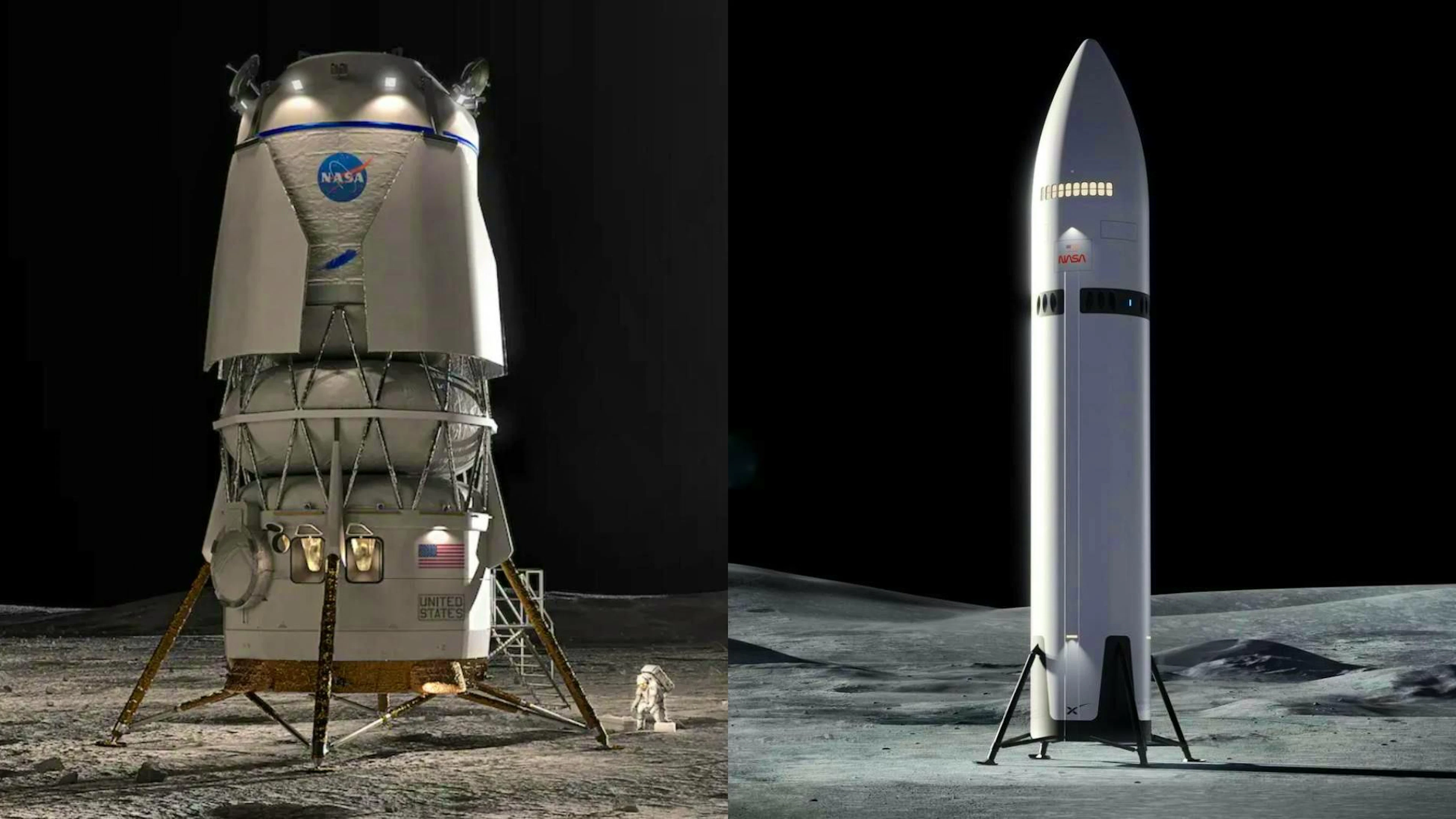 Visualizations of the lunar lander from Blue Orgin (left) and SpaceX.